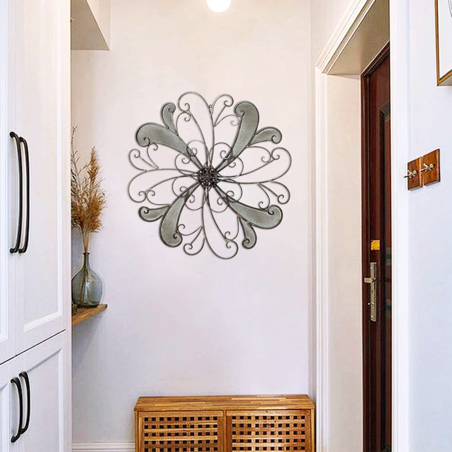 Adeco Rustic Urban Flower Scrolled Design, Metal Wall Hanging Decor For Nature Home Art Decoration & Kitchen Holiday Wall Decorations, Christmas Wall Art Gifts - 25x25 Inches