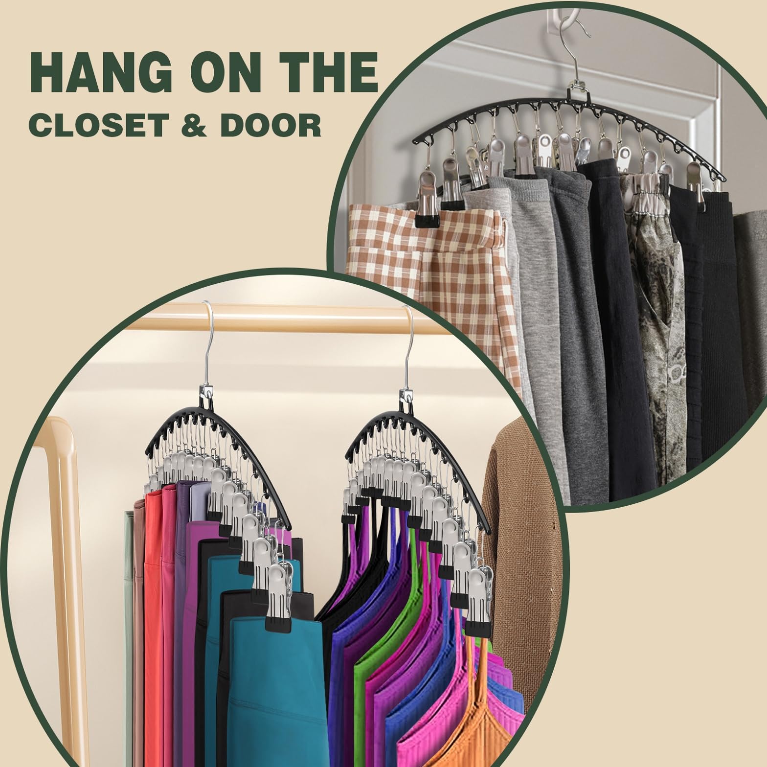 2 Pack Leggings Organizer for Closet Hanging, Pants Hangers with 15 Clips Holds 30 Shorts//Jeans/Skirts/Hats, Space Saving Racks Hanging Closet Organizers and Storage