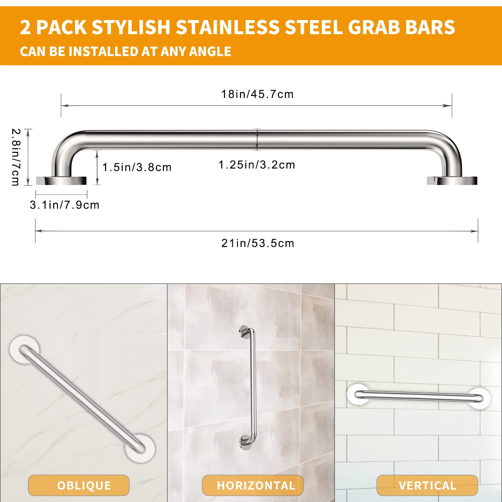 18 Inch Shower Grab Bar 2 Pack Brushed Nickel SUS304 Safety Bathroom Grab Bars with Concealed Screws, 500lbs Support Assist Bath Handle Balance Bar for Handicap Elderly Pregnant