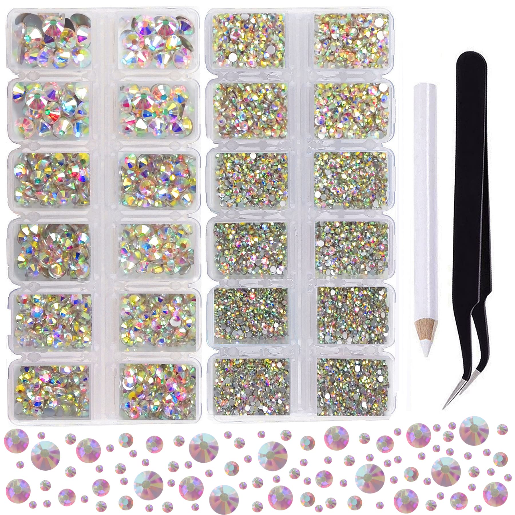 2-Box Massive Beads 8000pcs 6Sizes Nail Art Flatback Glasses Rhinestones Crystal for DIY Project with Tweezers and Picking Pen for Nail Art, Face Art, Manicure (Crystal AB, 6 Sizes)
