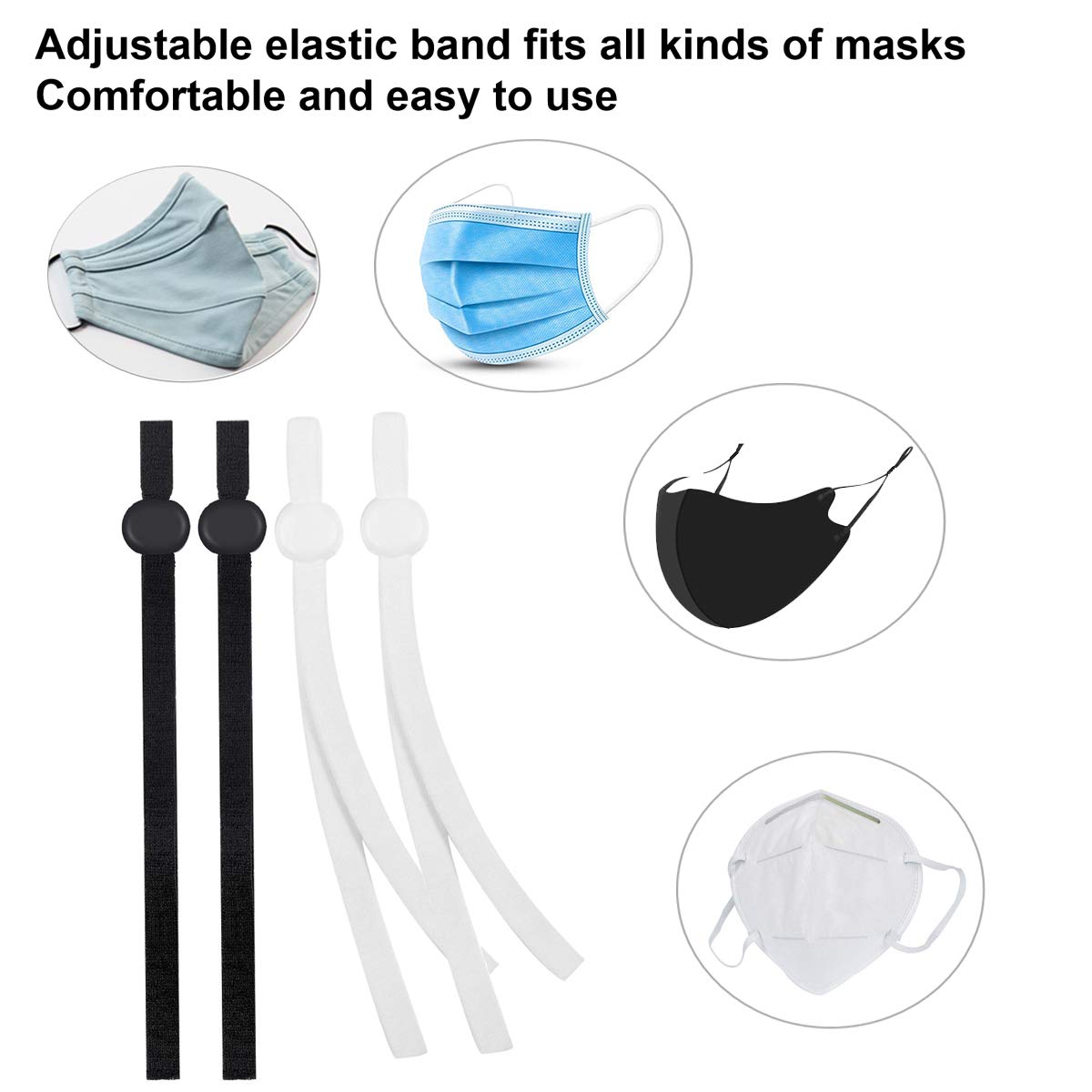 200PCS Black & White Face Mask Elastic,Retractable Elastic String for Masks,Elastic for mask with Adjustable Buckle, Sewing Comfortable Ear Hanging Rope