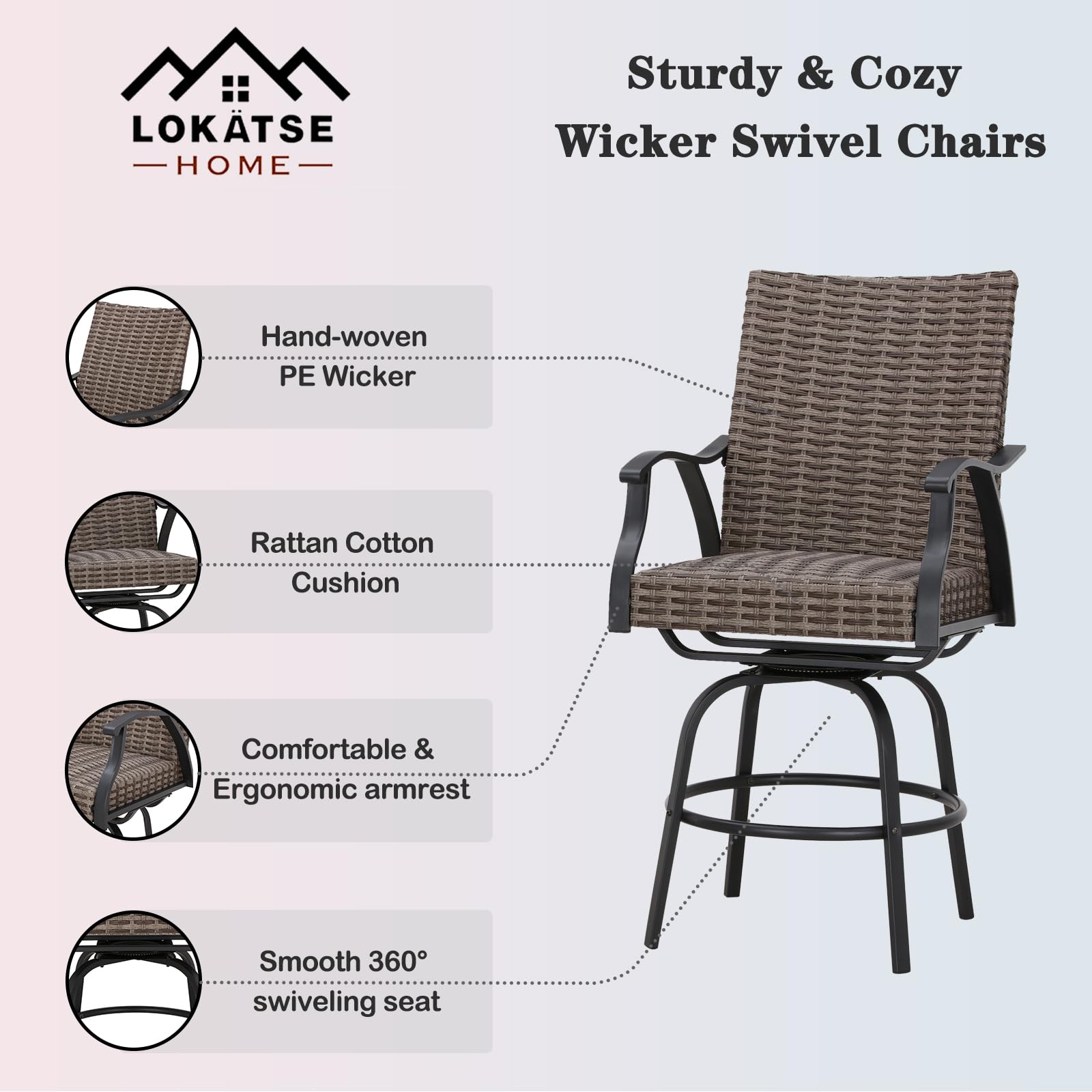 LOKATSE HOME Outdoor Swivel Wicker Chair Set Metal Frame Bar Stool for Backyard, Pool, Garden, Black