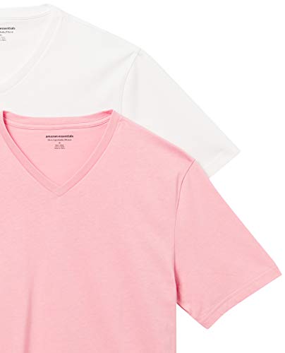 Amazon Essentials Men's Slim-Fit Short-Sleeve V-Neck T-Shirt, Pack of 2, Light Pink/White, Large