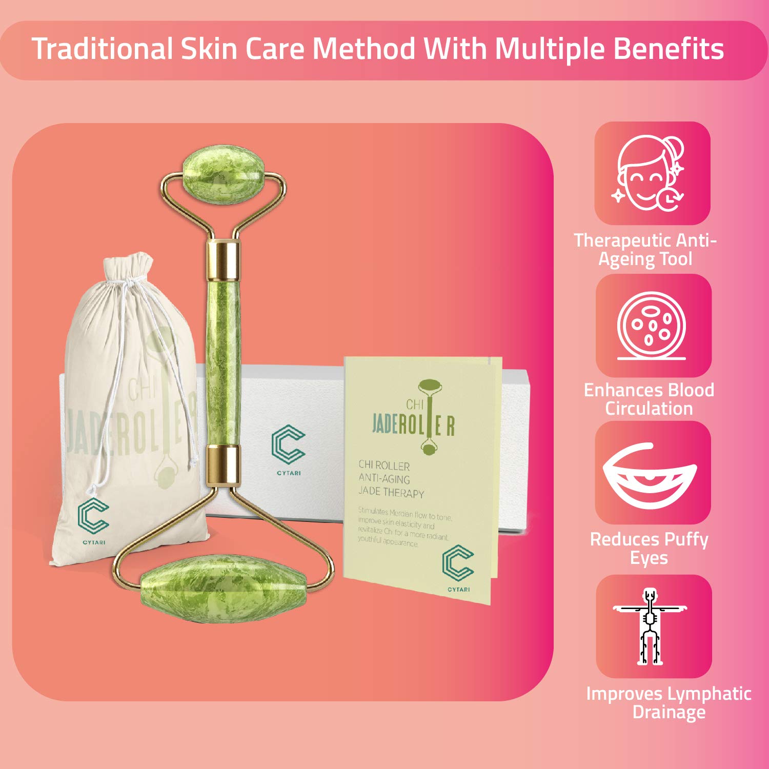 Cytari Chi Jade Rolling Kit 100% Natural Jade Roller | Anti Aging Massage and Lymph Drainage Tool for , Eye, Neck, Body |Wrinkles, and Fine Lines