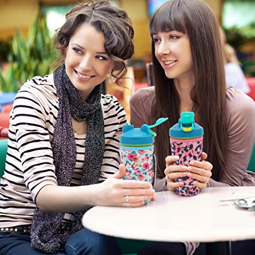 2Pack Reusable Neoprene Insulator Water bottle holder Sleeves with Handle Compatible with 28 oz Blender Bottle, YETI Rambler 20 oz, Stanley 20oz Tumbler and more(Blue Floral + Pink Cheetah)