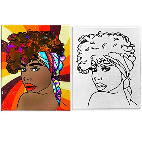 4 PACK 8x10 AFRO QUEEN PAINT PARTY SET 2 | Pre Drawn Stretched Canvas Kit | Birthday Gift | Adult Sip and BLM Party Favor | DIY Virtual Party 2 (8x10 Inches)