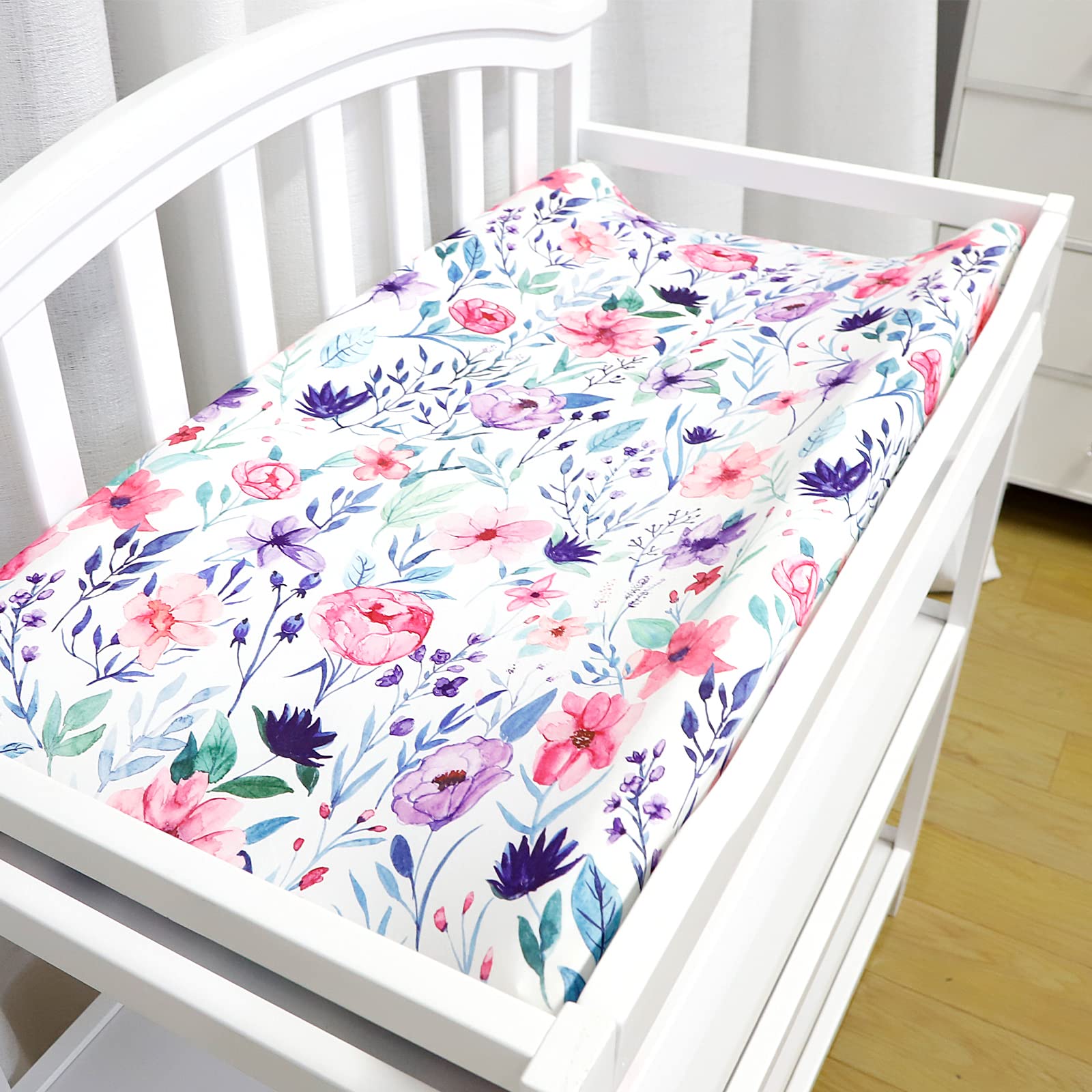 2 Pack of Floral Crib Sheets and Changing Pad Covers for Baby Girls Boys Universal Fit and Ultra Soft Stretchy Jersey Knit Fabric