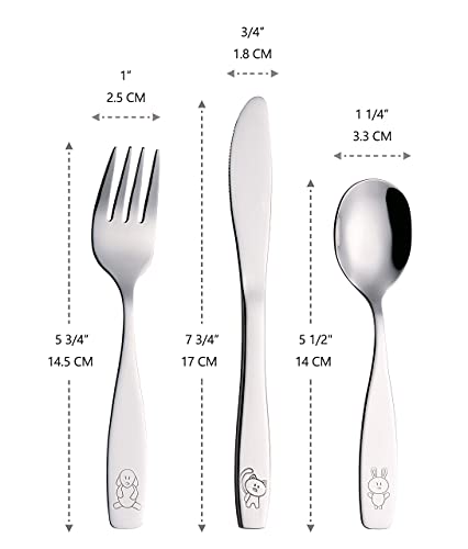 ANNOVA Children's Flatware 18 Pieces Set - Stainless Steel Cutlery/Silverware 6 x Safe Forks, 6 x Dinner Knife, 6 x Dinner Spoons - Safe Kids Toddler Utensils Lunch Box (Engraved Dog Cat Bunny)