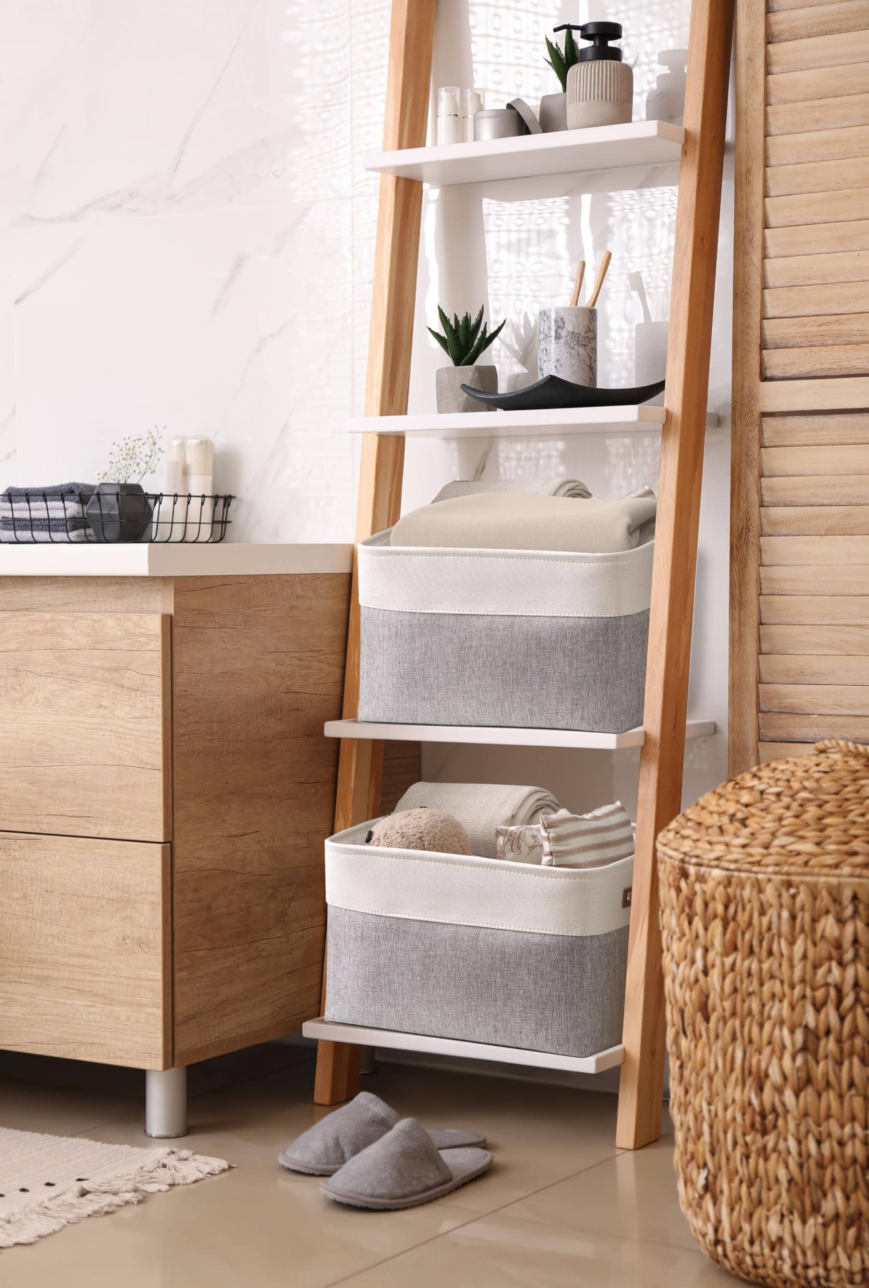 DECOMOMO Storage Bins Fabric Storage Baskets for Shelves, Linen Closet Organization Toys Nursery (Grey and White, XL - 3 Pack)
