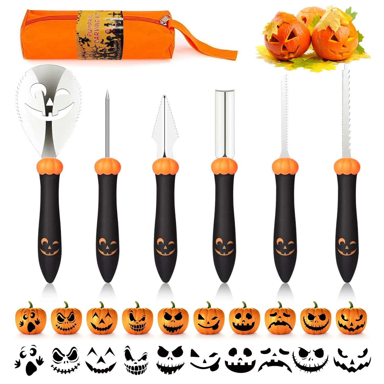 Sakmilu Halloween Pumpkin Carving Kit - 6 Pcs Pumpkin Carving Tools Stainless Steel with Stencils Storeage Bag for Halloween Decoration Jack-O-Lanterns