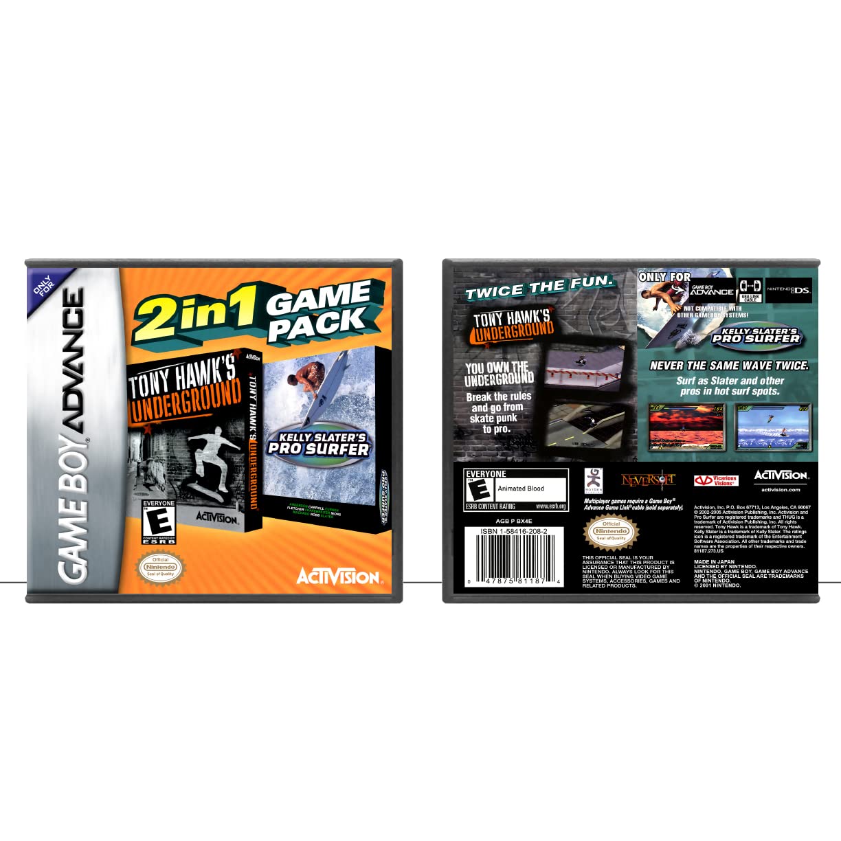 2-In-1 Game Pack: Tony Hawk's Underground/Kelly Slater's Pro Surfer | (GBA) Game Boy Advance - Game Case Only - No Game
