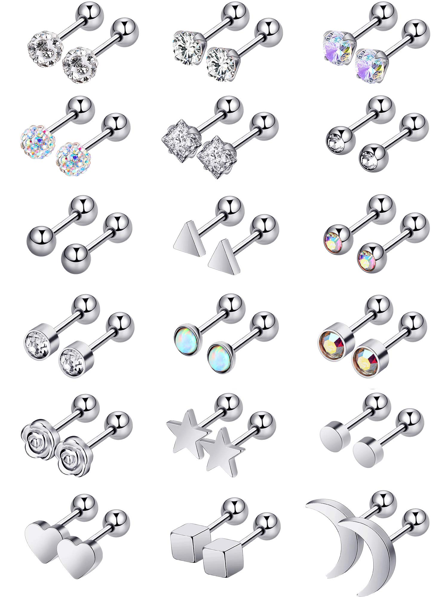 18 Pairs Stainless Steel Stud Earrings Solid Rhinestone Earring Cartilage Earrings Helix Ear Piercing Jewelry for Women Men (Steel Color, 18 G/ 1 mm with 4 mm Screw Ball)