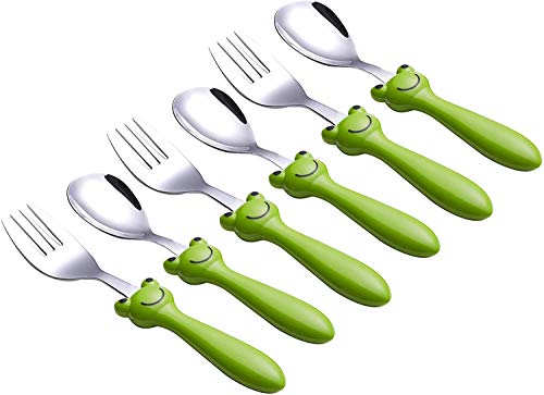 ANNOVA Kids Silverware 6 Pieces Set Children's Flatware - Stainless Steel Cutlery - 3 x Safe Forks, 3 x Dinner Spoons - Safe Toddler Utensils Without Knives for Lunch Box BPA Free (Frog x 6 PCS)