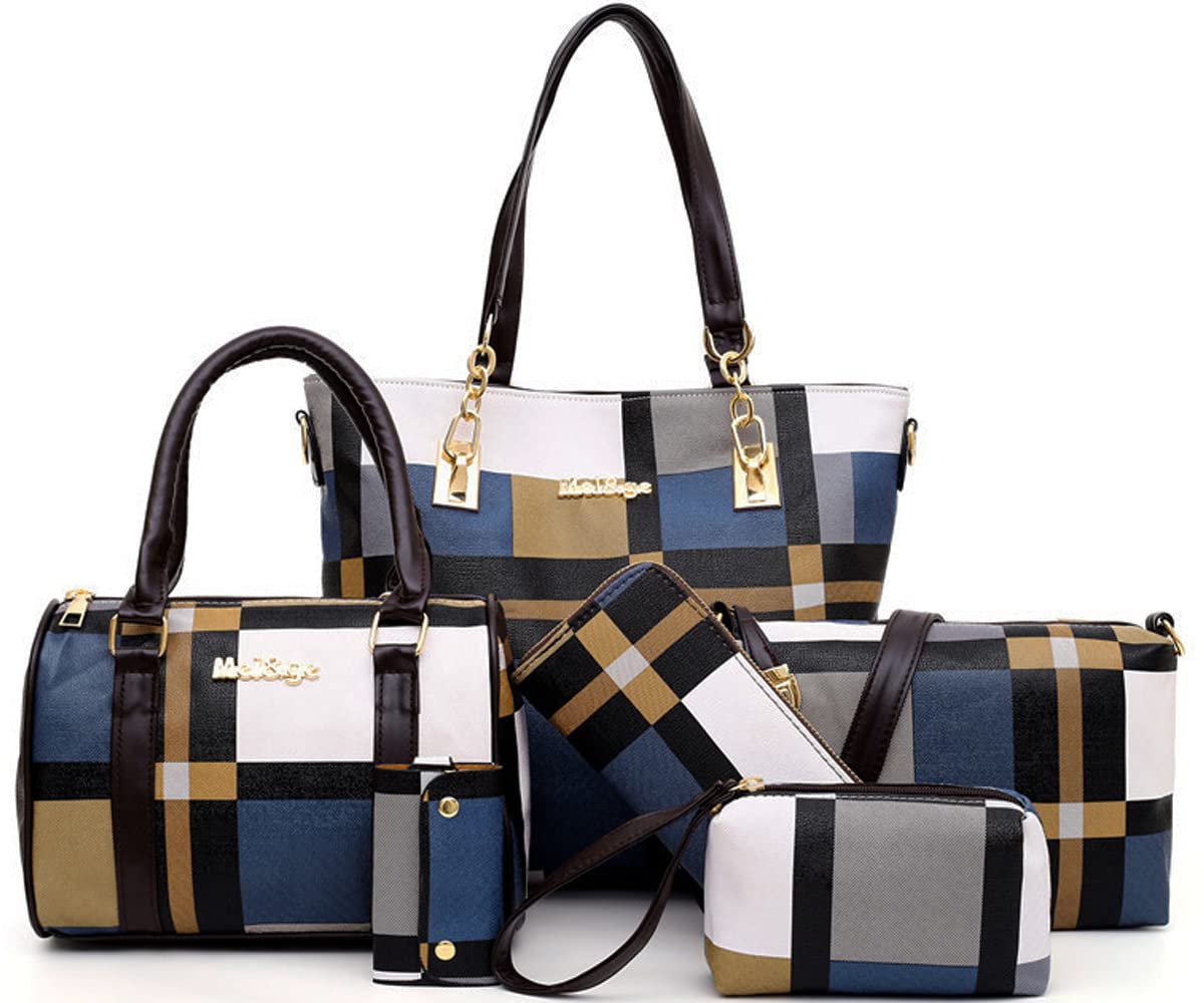 6-Pcs Handbags Set for Women Faux Leather Tote Bag Fashion Top-Handle Handbag Shoulder Bags Crossbody Totes Satchel Purses & Wristlet Wallet Purse Set-Blue