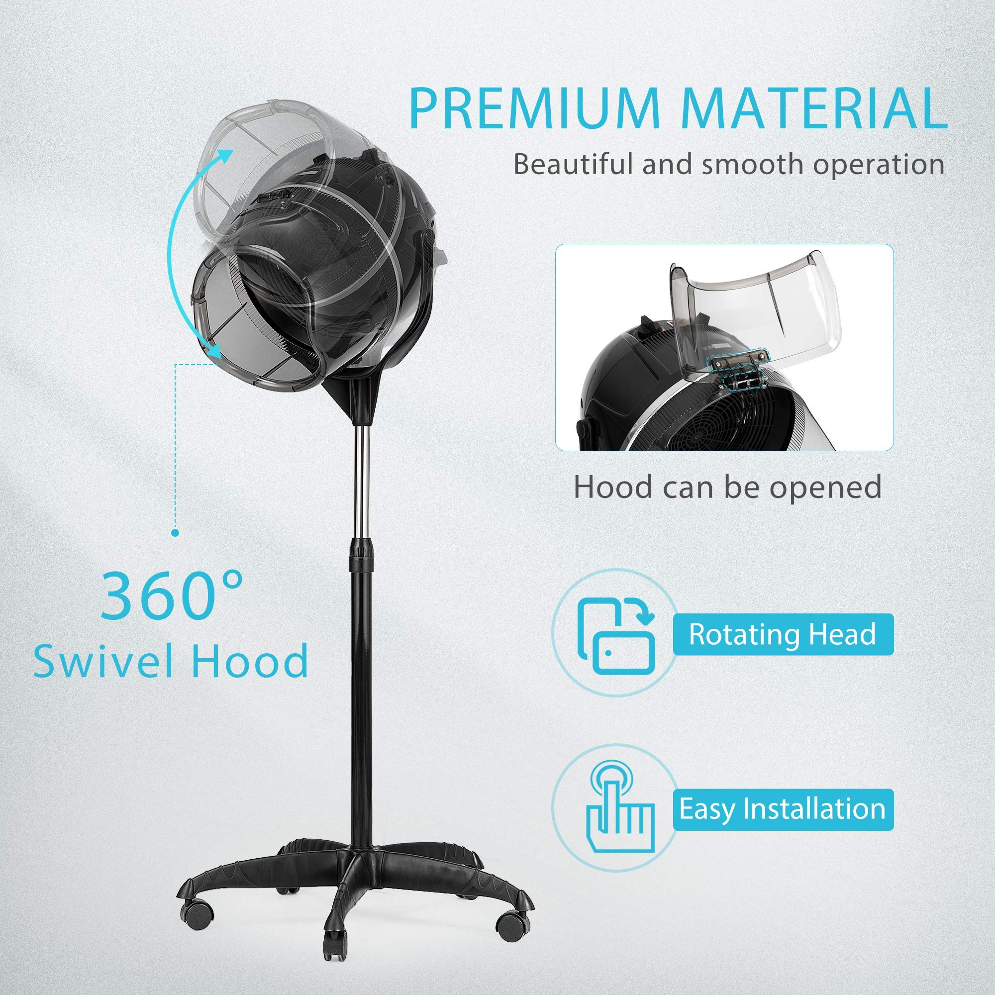 VIVOHOME 1300W Professional Height Adjustable Stand Up Bonnet Hair Dryer Hooded Floor Stand Rolling Base with Wheels for Salon Equipment Beauty Spa Home