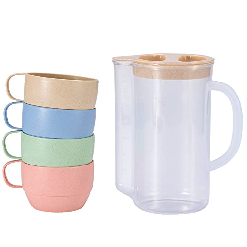 5 Pack Wheat Straw Unbreakable Tableware Kettle Cups Set, with 4 Multicolor Cups for Kids Children Toddler Adult, Dishwasher Coffee Mug for Water, Tea, Milks, Juice
