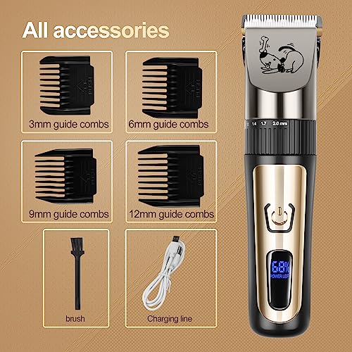 AJELU Dog Clippers, Cordless Low Noise Rechargeable Electric Dog Grooming Clipper Kit, Adjustable Clipper Comb & Detachable Blades Dog Trimmer, Suitable for Dogs, Cats, Pets