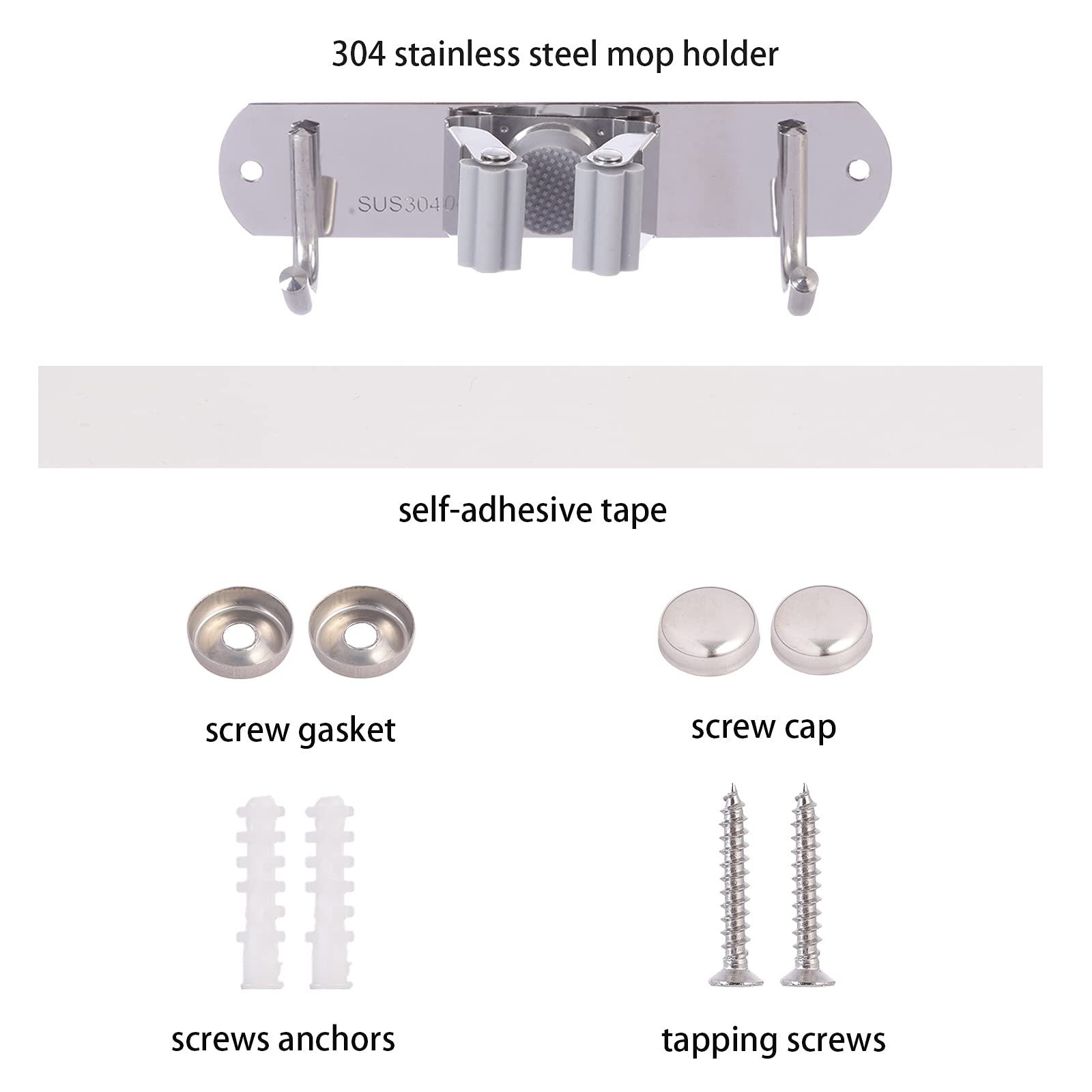 Tidysun Mop and Broom Holder Wall Mounted,Heavy Duty Stainless Mop Holder Wall Mount with 1 Gripper and 2 Hooks,Mop Broom Holder for Kitchen Bathroom Garden Garage 1 Pack(Grey)