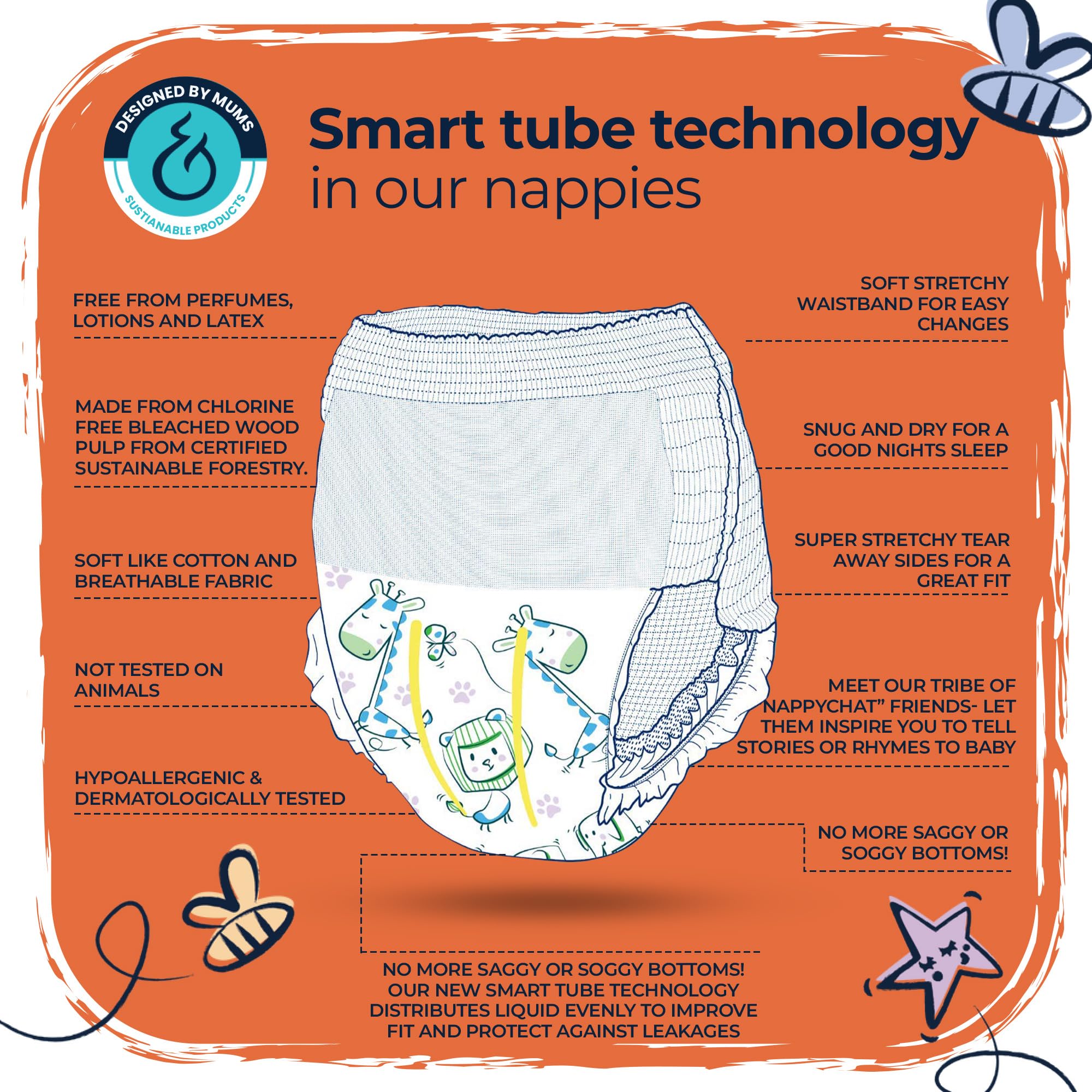 M&Y Nappychat Premium Performance Eco Diapers, Size 4 (38 Diapers) Smart Tube Technology. Leak Protection. 100% Recyclable. Hypoallergenic, Dermatologically-Tested No Lotion, Perfume or Dyes
