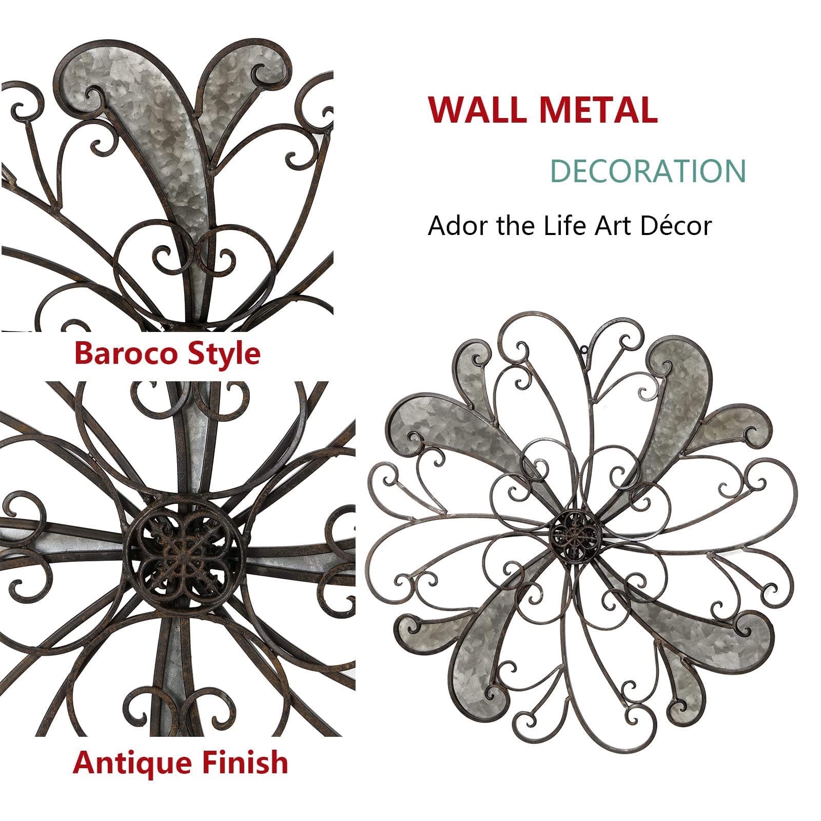 Adeco Rustic Urban Flower Scrolled Design, Metal Wall Hanging Decor For Nature Home Art Decoration & Kitchen Holiday Wall Decorations, Christmas Wall Art Gifts - 25x25 Inches