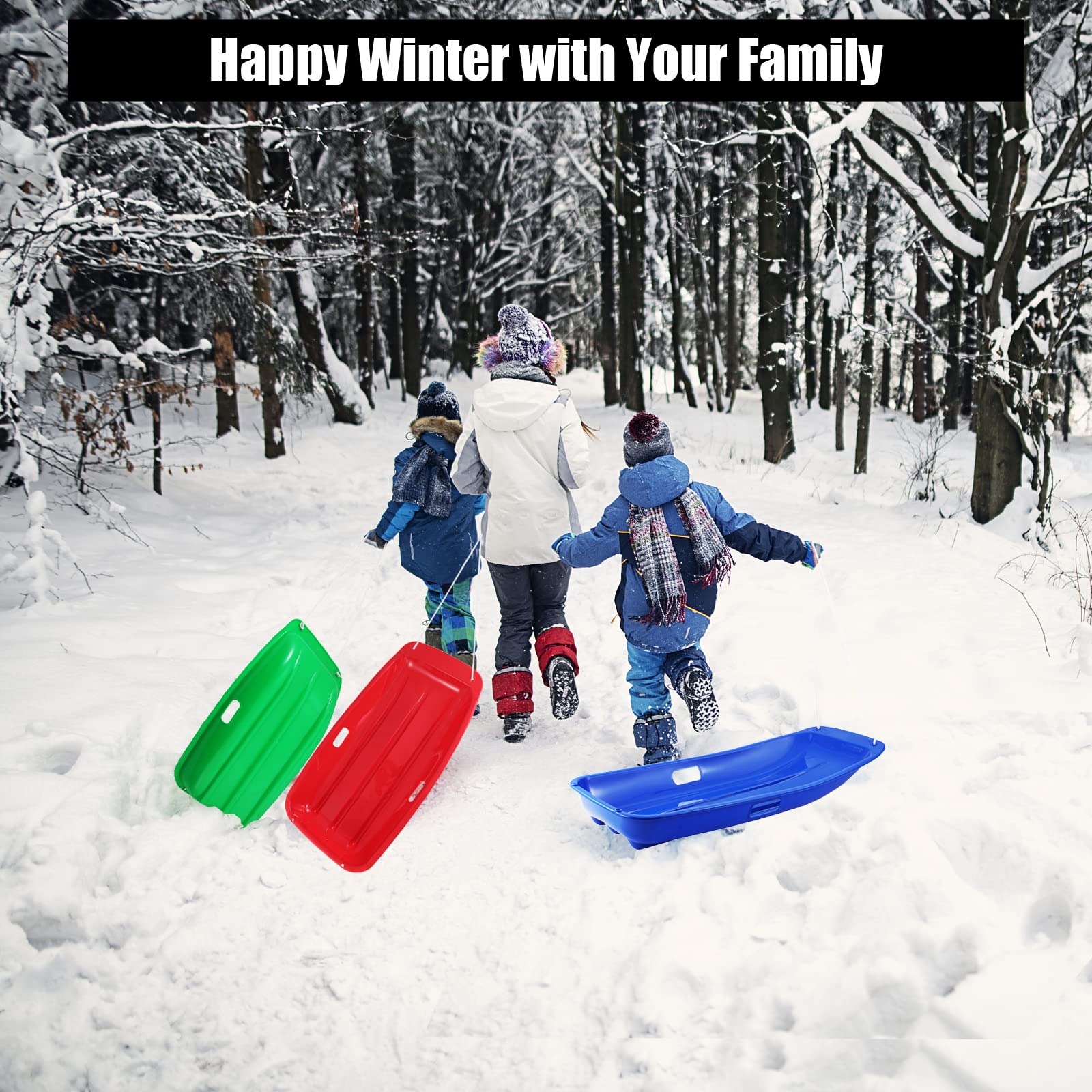 2 Pcs Plastics Snow Sled,Snow Sleds with Handle and Rope,Outdoor Winter Sledding Gift for Kids (Blue)