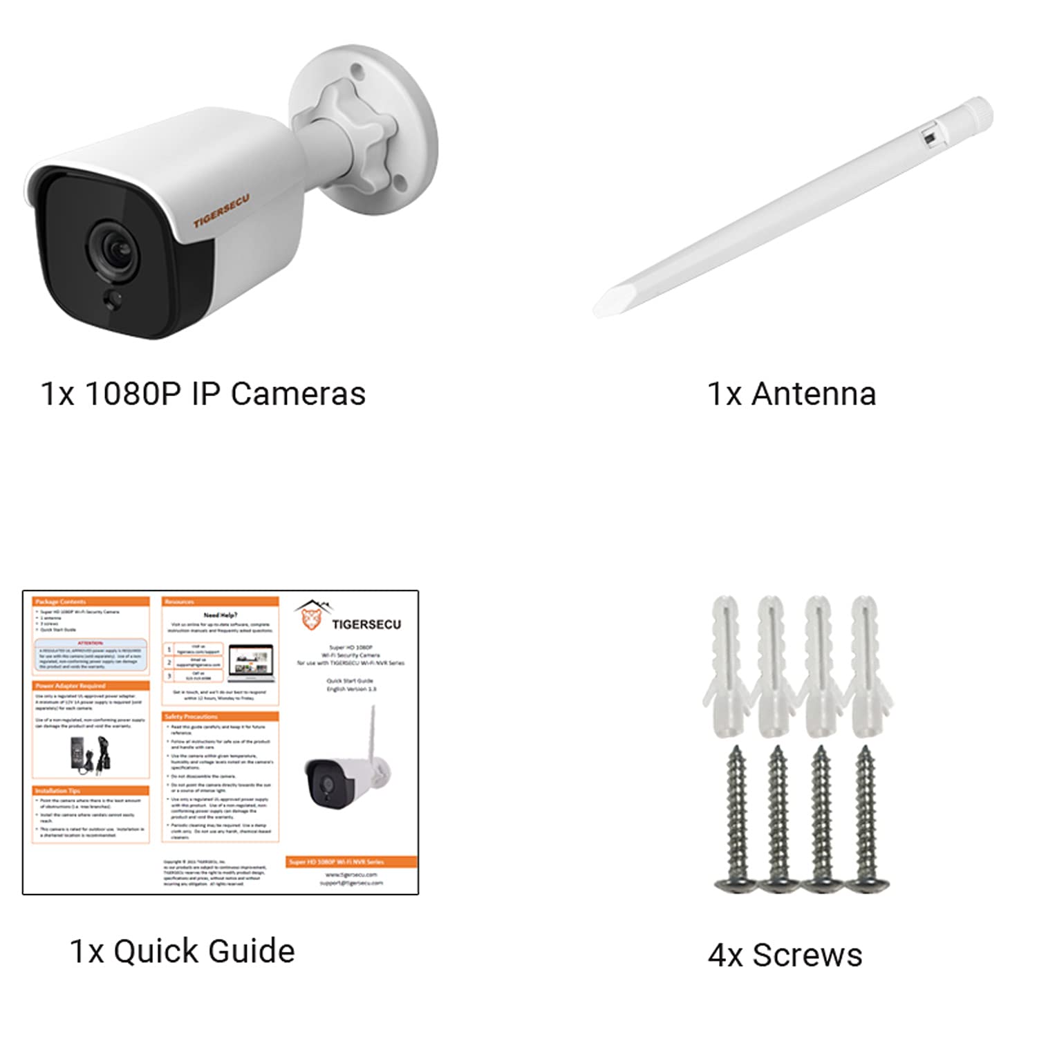 TIGERSECU Add-On Camera for use only 1080P WiFi NVR Security System, Weatherproof, AI Human Detection (Power Supply Sold Separately)