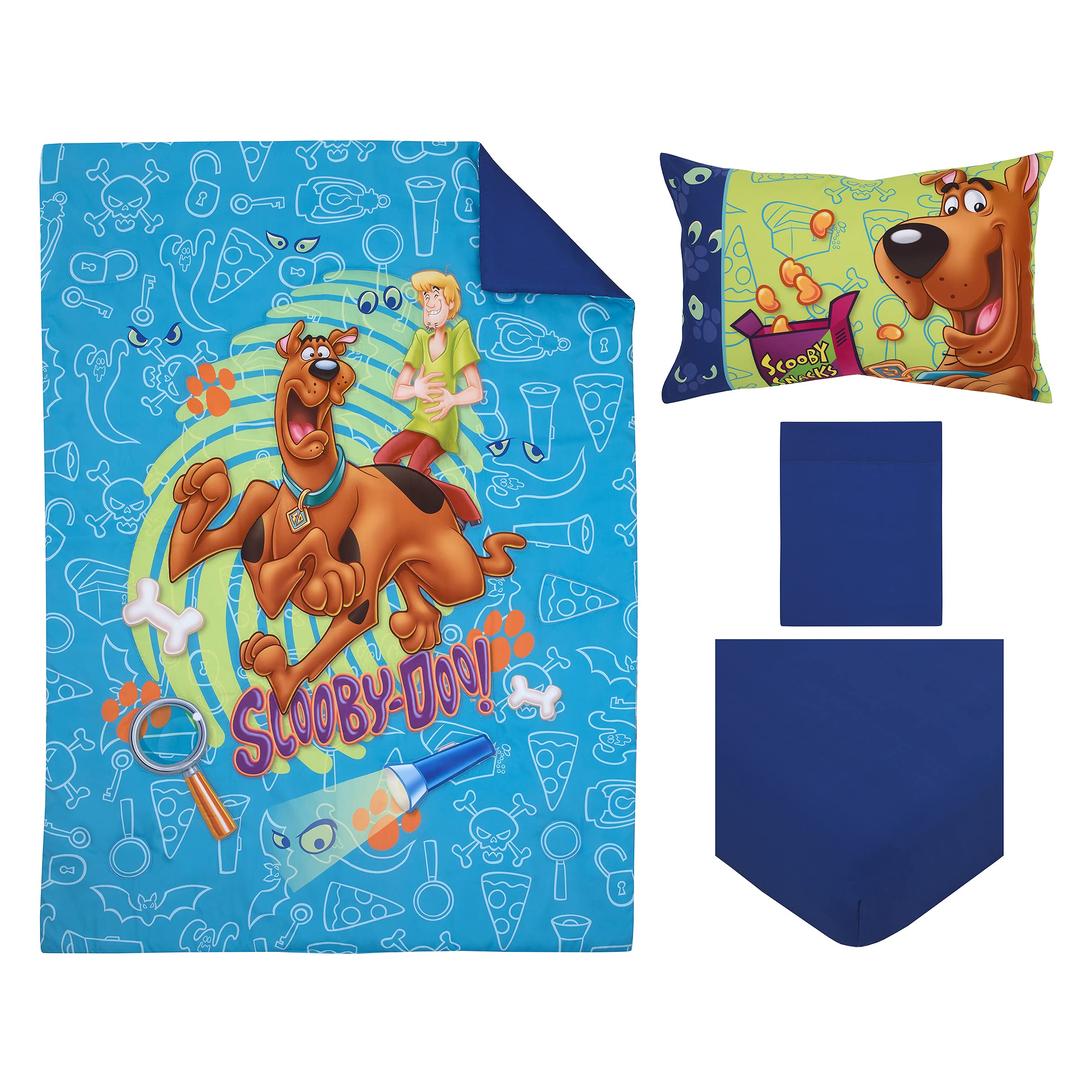 Warner Brothers Scooby Doo - Scooby Dooby Doo Blue, Green, Brown & Orange 4Piece Toddler Bed Set - Comforter, Fitted Bottom Sheet, Flat Top Sheet, & Reversible Pillowcase, Blue, Green, Brown, Orange