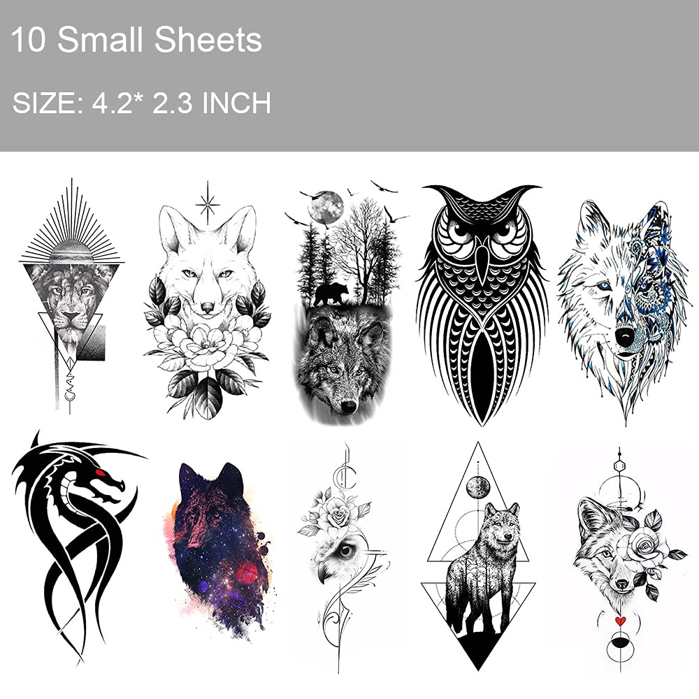 20 Sheets Large Owl Temporary Tattoos for Men Women, Realistic Owl Temporary Tattoo Stickers for Adults 3D Fake Wolf Lion Dragon Totem Animals Tatoos