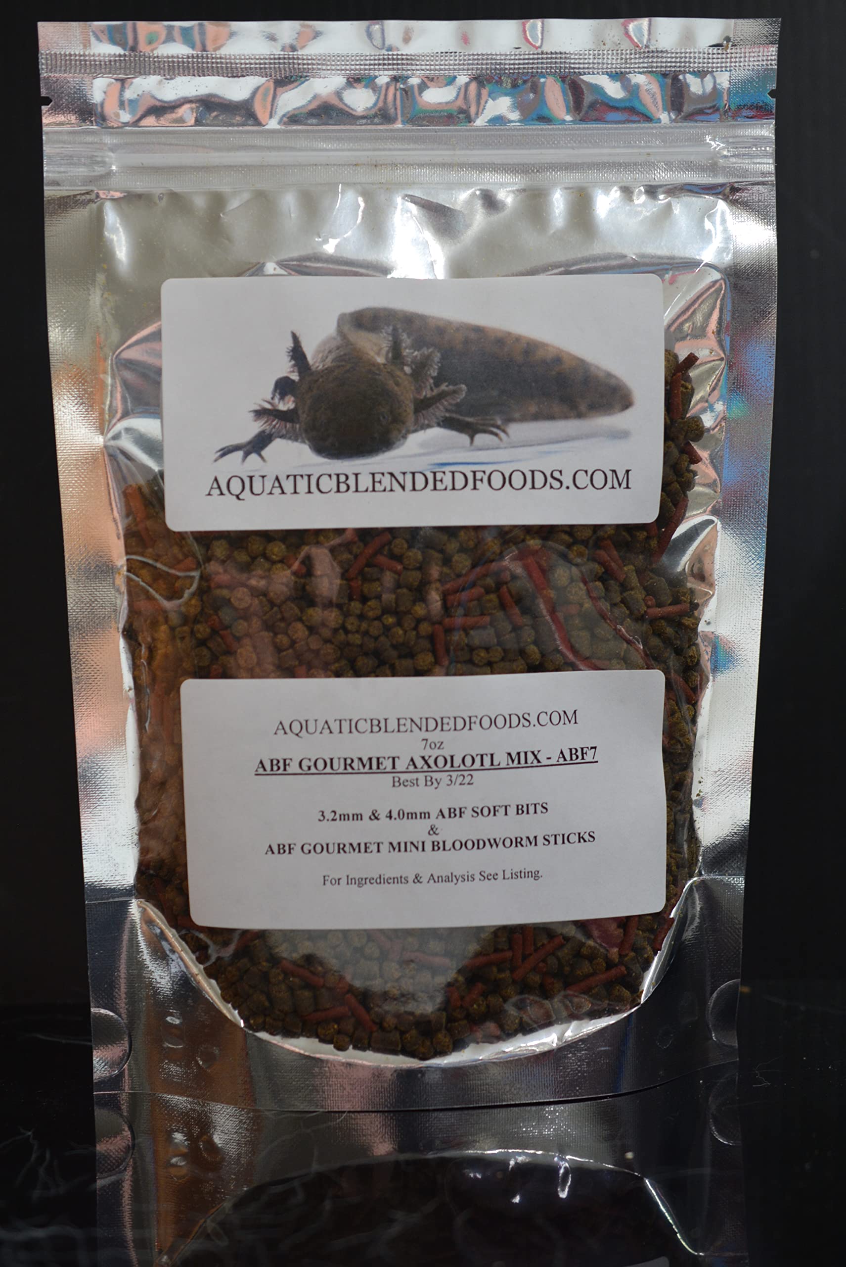 AQUATICBLENDEDFOODS Gourmet Axolotl Soft Food Pellet Mix 3.2mm & 4.0mm & Mini BLOODWORM Sticks (2oz) - ABF7