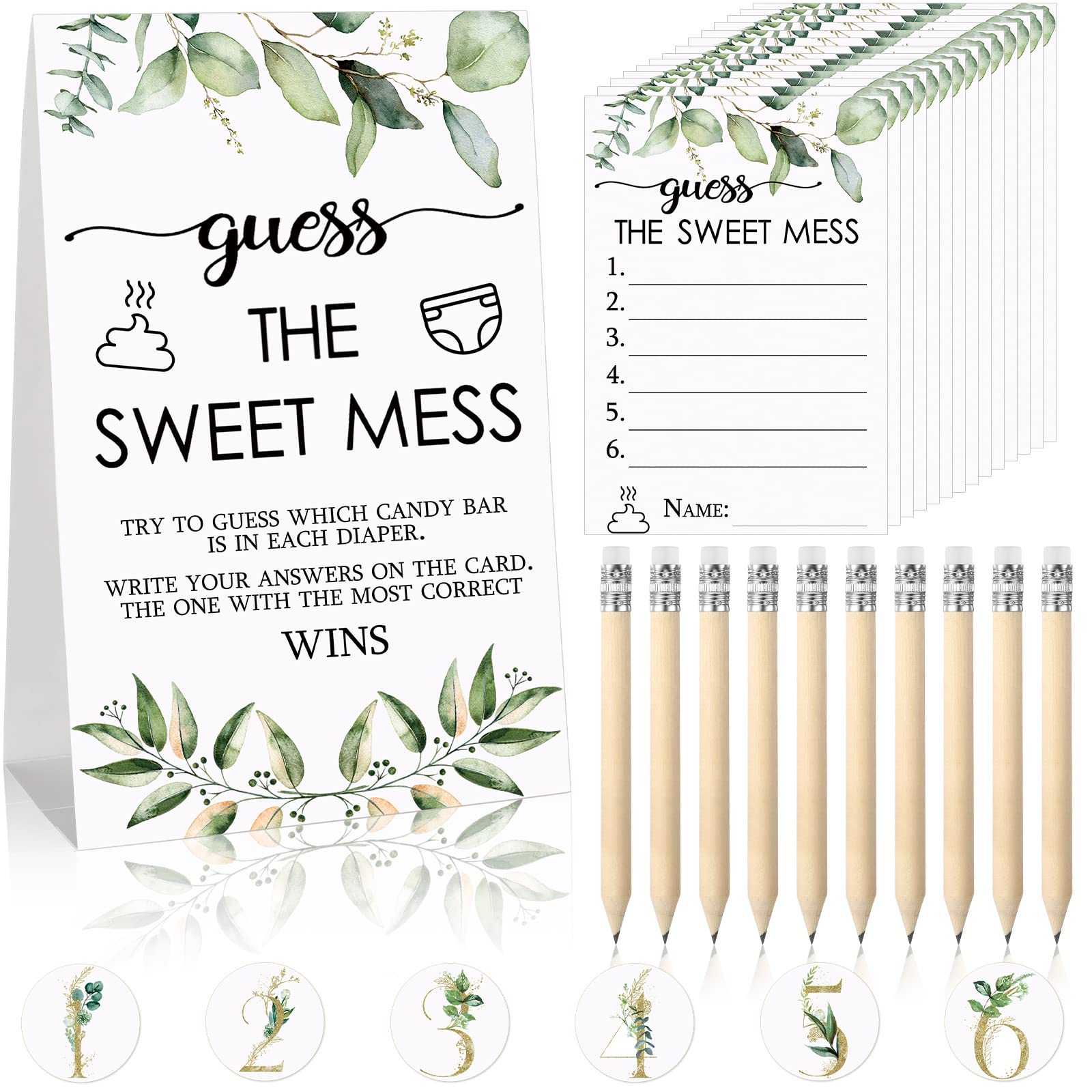 67 Pcs Guess The Sweet Mess Baby Shower Game Dirty Diaper Game Including Guess The Sweet Mess Sign 50 Small Cards 10 Pencils and 6 Number Stickers for Baby Shower Gender Reveal Party (Leaves)
