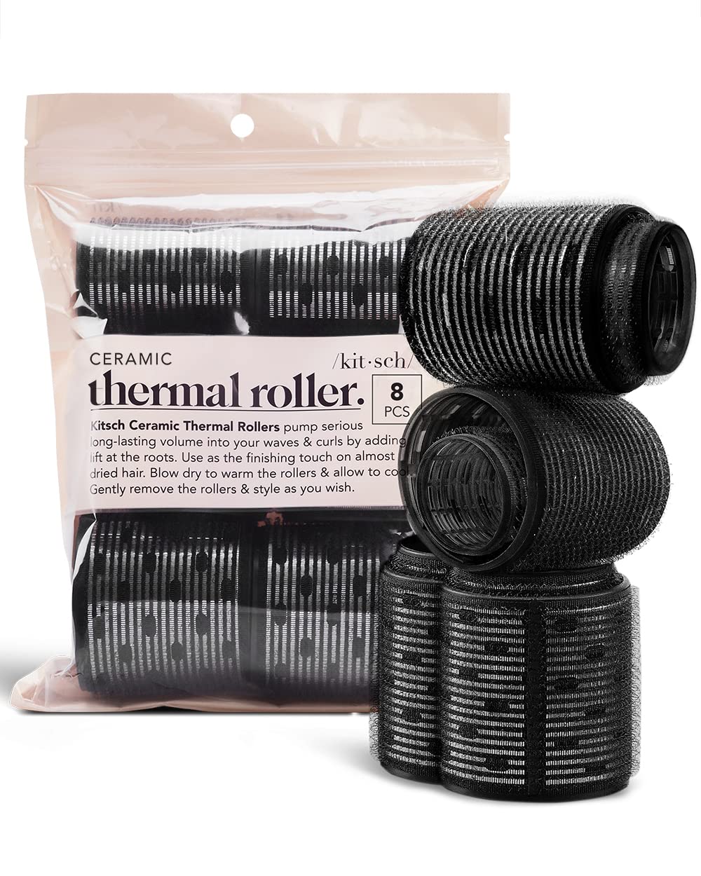 Kitsch Ceramic Thermal Rollers - Self Grip Hair Rollers for Blowout Look Long Hair, Curlers for Short Hair and Medium Hair, Volume Curls, Ceramic Coated Core, Valentines Gift for Her - Black, 8pc