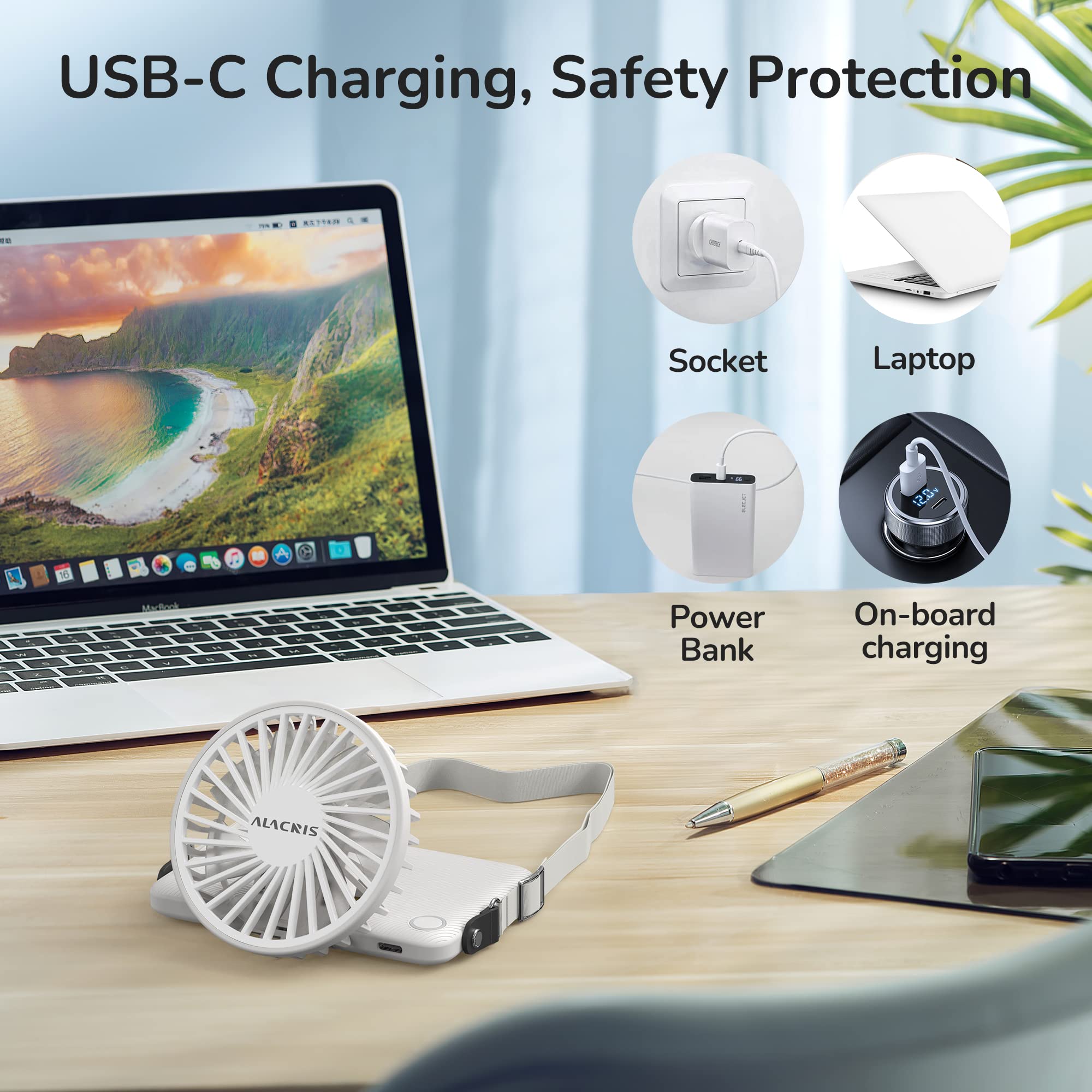 ALACRIS Portable Hanging Neck Fan, Wearable Personal Fan with Adjustable Lanyard, 3 Speeds Rechargeable Mini Handheld Personal Fan for Home Office Outdoor Travel