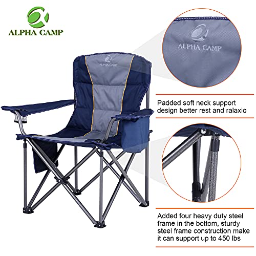 ALPHA CAMP Oversized Camping Folding Chair Heavy Duty with Cooler Bag Support 450 LBS Steel Frame Collapsible Padded Arm Quad Lumbar Back Chair Portable for Lawn Outdoor,Blue