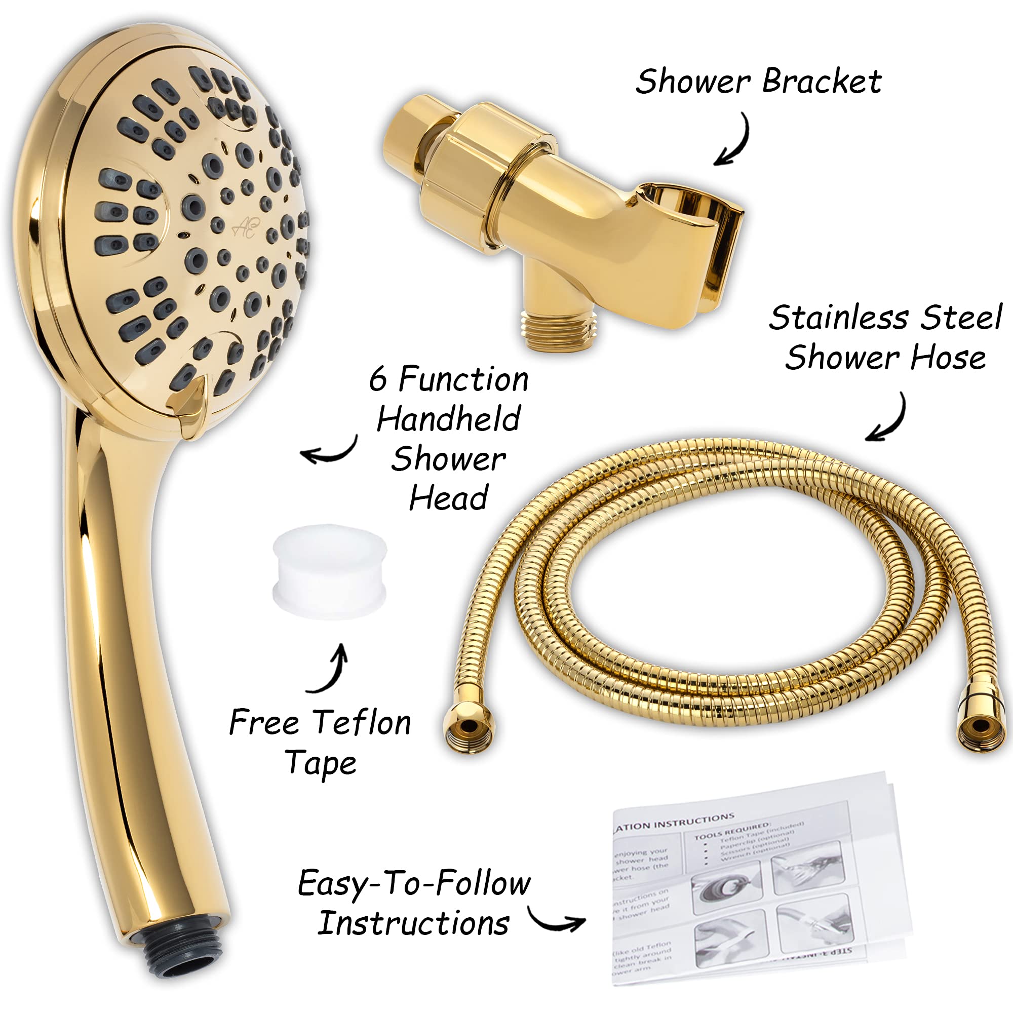 6 Function Handheld Shower Head Kit - High Pressure, Removable Hand Held Showerhead With Hose & Mount And Adjustable Rainfall Spray, 2.5 GPM - Polished Brass
