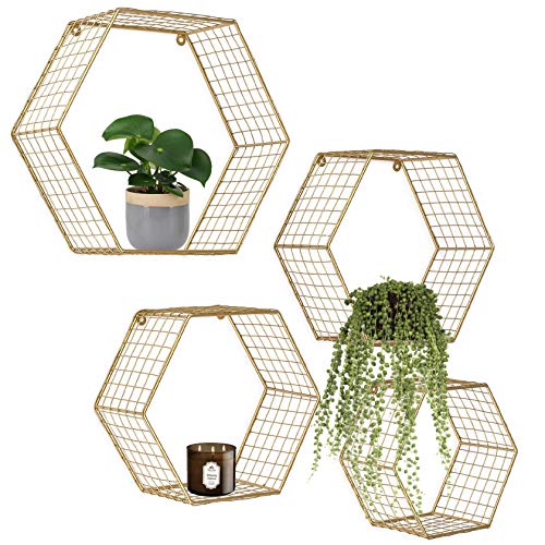 kimisty Set of 4 Gold Hexagon Wall Shelves, Floating Honeycomb Wire Wall Mounted Shelf, Geometric Octagon Mesh Shelves, Boho Deep Gold Metal Shelving