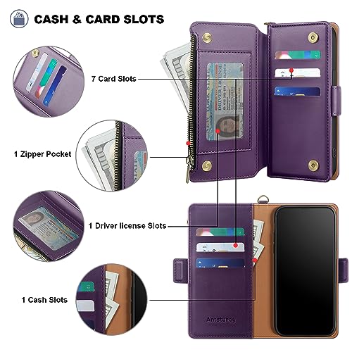 Antsturdy iPhone 13 Wallet case with Card Holder for Women Men,【RFID Blocking】 iPhone 13 Phone case PU Leather Flip Folio Shockproof Cover with Strap Zipper Credit Card Slots,(Purple)