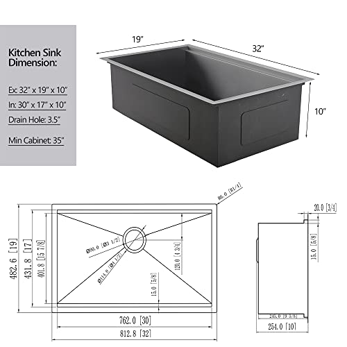 32 Gray Undermount Workstation Kitchen Sink, Dorzom 32βx19β Metallic Matte Gray Stainless Steel Undermount 18 Gauge 10 Inch Deep Single Bowl Workstation Ledge Kitchen Sink with Accessories