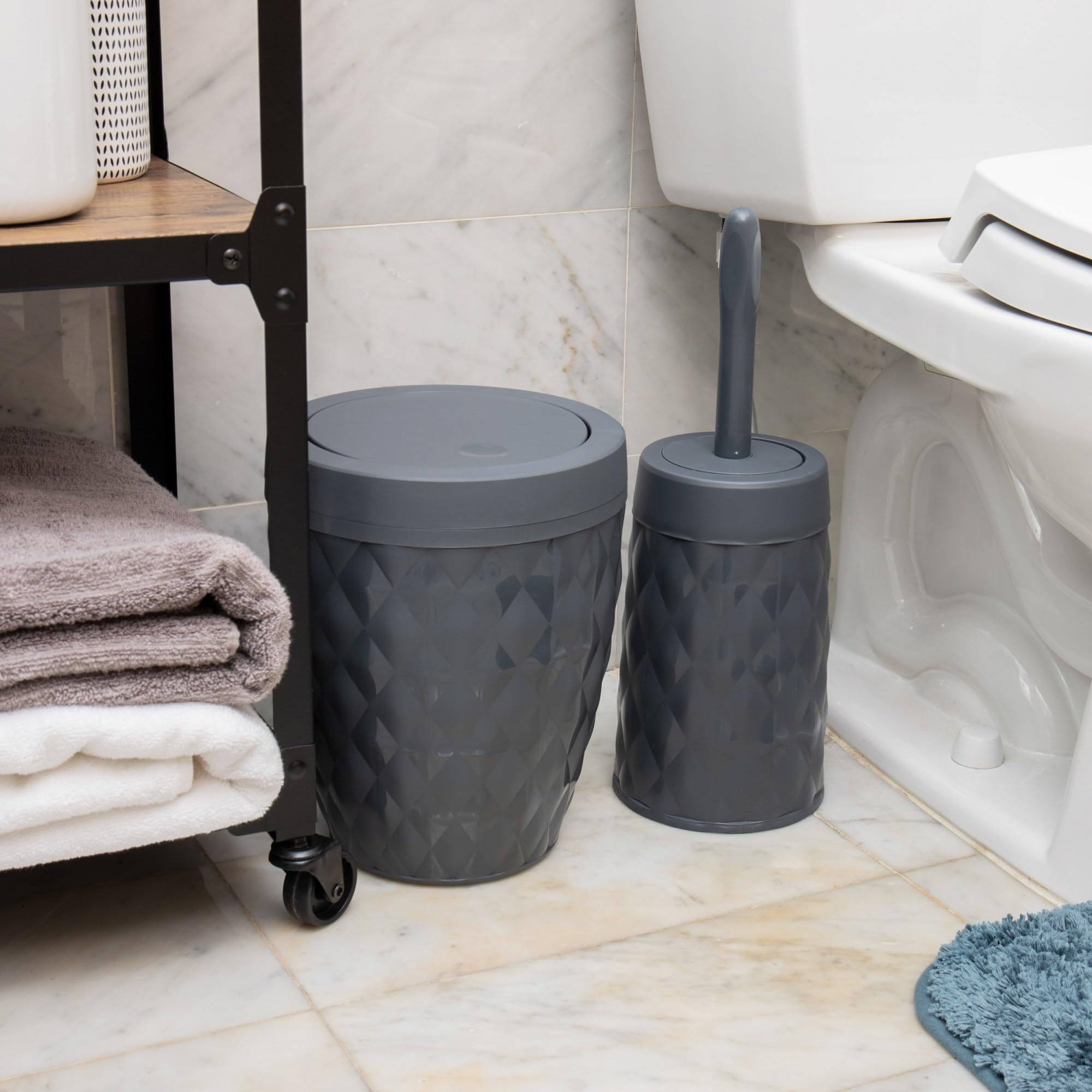 Mind Reader Trash Can and Toilet Brush Set, Bathroom Decor, Swivel Lid, Accessories, 8.75" W x 11.25" H, 2 Piece Set, Gray