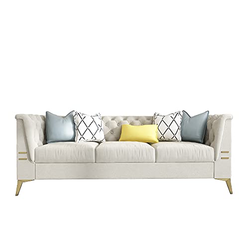 ANTTYBALE 82" Mid Century Modern Sofa for Living Room Velvet Couch Chesterfield Sofa with Gold Legs for Bedroom Office (Beige)