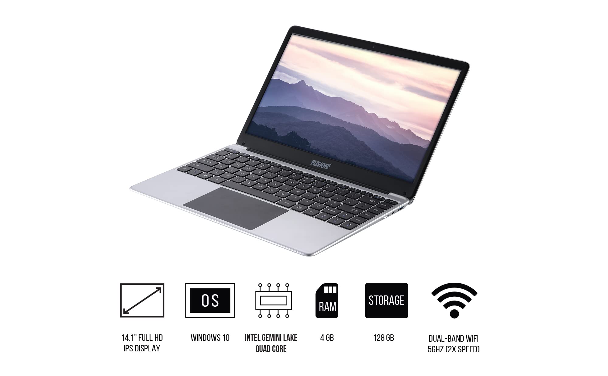 Fusion5 14.1" Full HD Windows 11 Laptop - 128GB Storage, 4GB RAM, T90B+ Pro Model Lapbook, Quad Core CPU, 5GHz WiFi (Dual-Band WiFi) 2X WiFi speeds, Supports M.2 SATA SSD