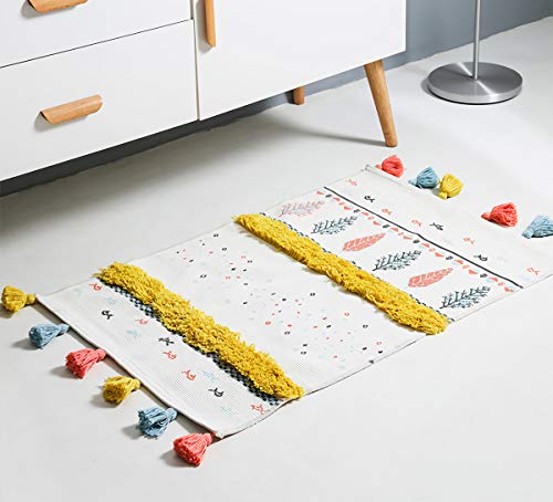 Kingrol 2' x 3' Bright Area Rug, Tufted Cotton Throw Rug with Tassel - Spring Home Decor for Nursery Kitchen Living Room Bedroom Bathroom Laundry Room, Yellow/Beige