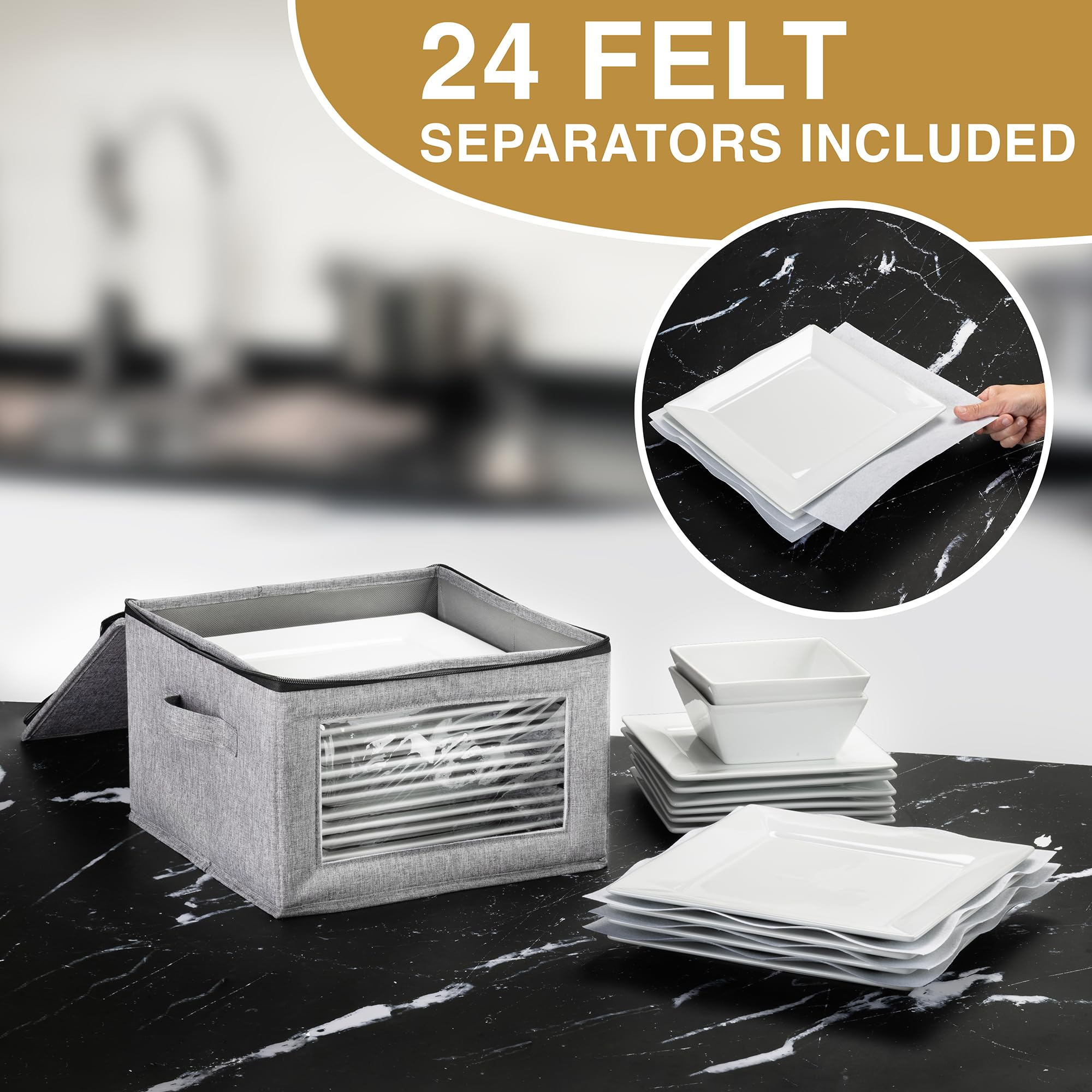 2 PACK Square China Storage Containers for Dishes, 10"x10"x8" Plate Storage, Dish Storage Containers with Lid and Handles, Heavy Duty Dinnerware Storage, Hard Shell and Stackable, 24 Felt Dividers