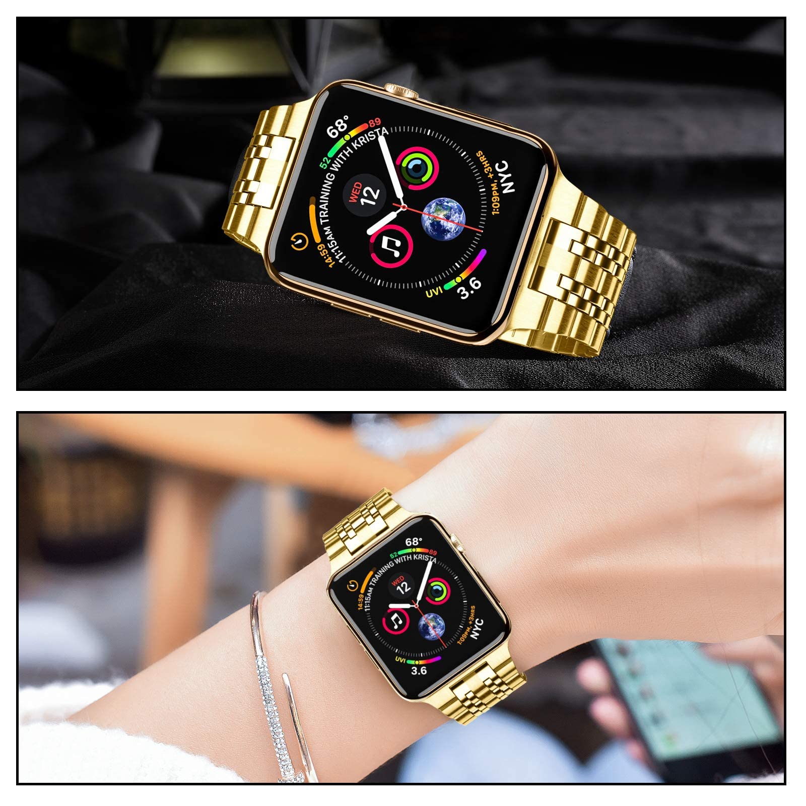 MioHHR Compatible with Apple Watch band 44mm 42mm (Not Series 10), Solid Stainless Steel Metal Strap for iWatch Series 6 5 4 3 2 1 SE, Gold