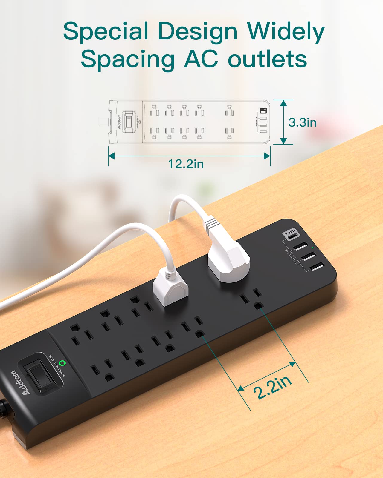 2 Pack Power Strip Surge Protector, 5 Widely Spaced Outlets 3 USB Charging Ports & Power Strip Surge Protector with 10 Outlets and 4 USB Ports