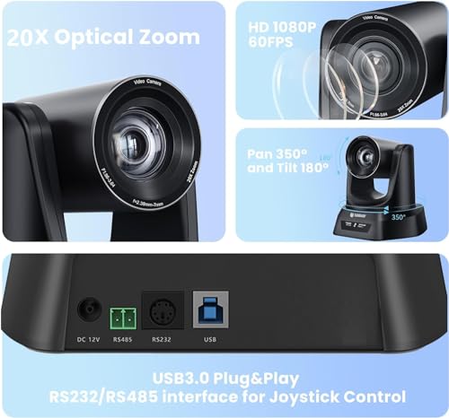 TONGVEO 20X Optical Zoom 60fps PTZ Camera Conference Room USB 1080P Camera System for Church Worship Services Meeting Online Learn, Works with Zoom, Skype OBS Easy to Set Up