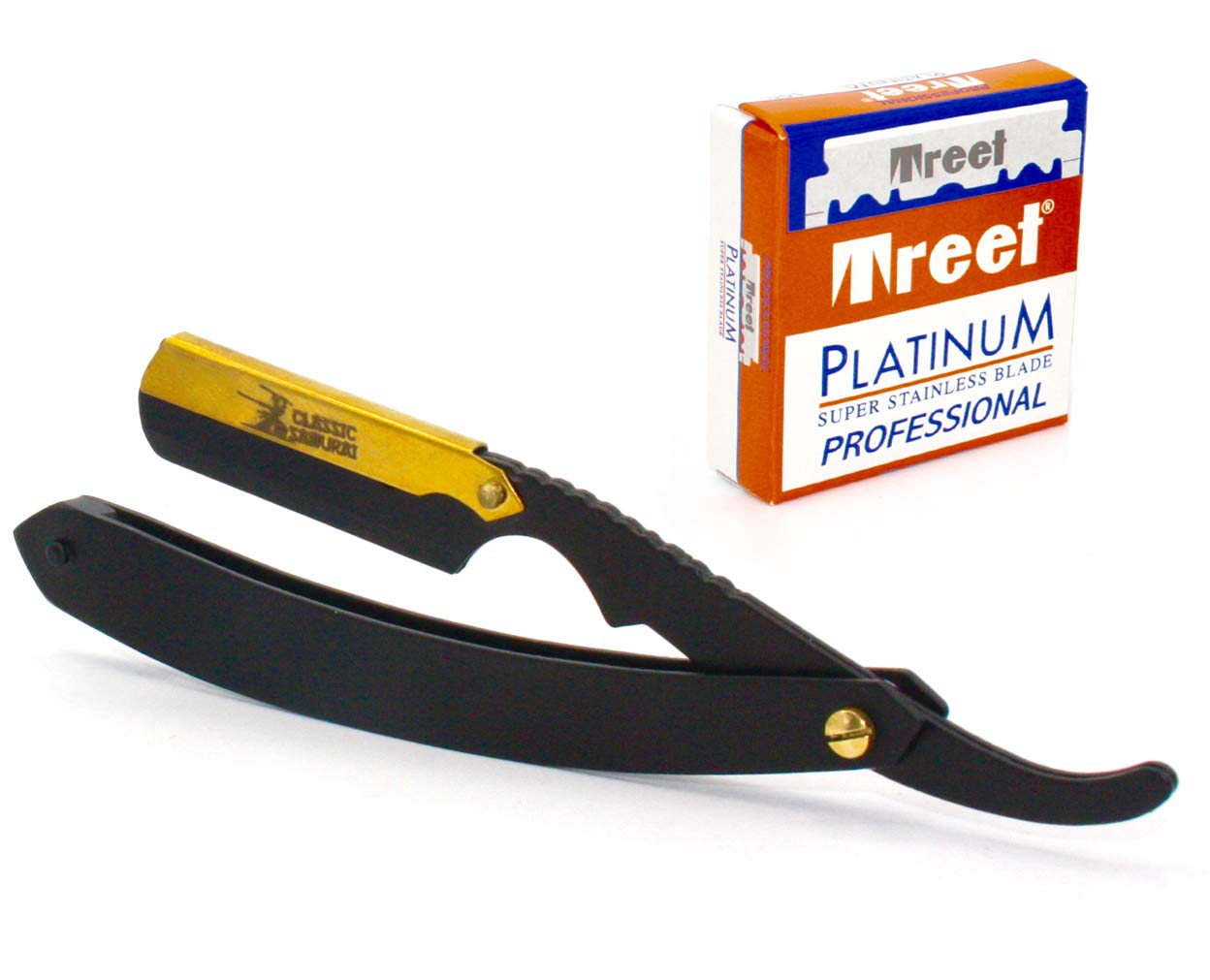 Classic Samurai CS-102 Matte Black Golden Head Stainless Steel Professional Barber Straight Edge Razor with 100 Treet Platinum Single Edge Razor Blades