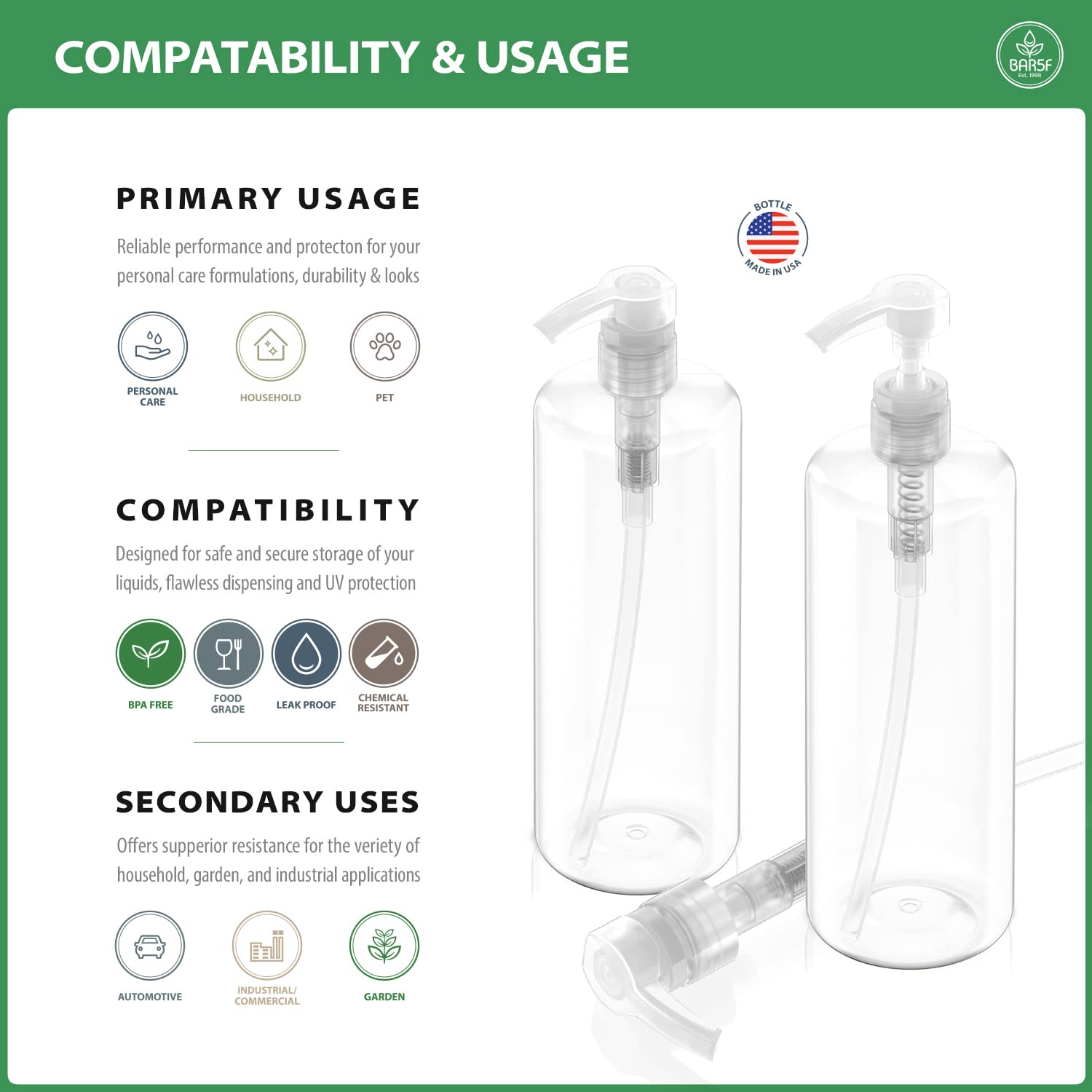 Bar5F 32-Ounce Empty Plastic Shampoo Pump Bottles, BPA-Free, Leak-Free, 1-Liter Crystal-Clear Cylinder, Clear Pump Top, 3-Pack