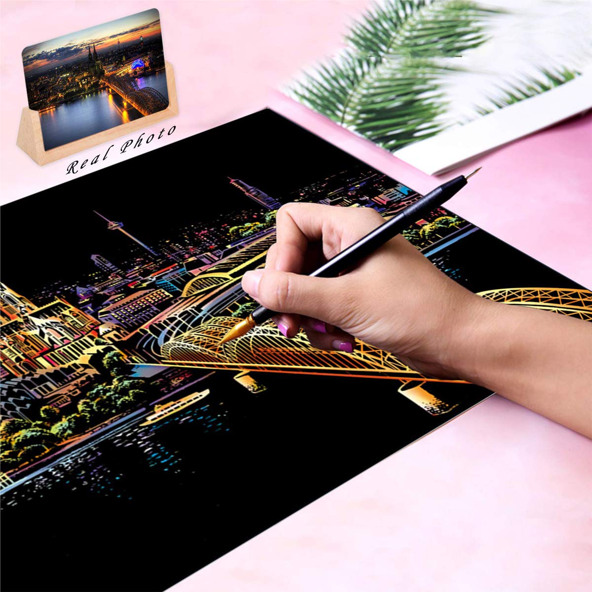 Ameolela Rainbow Scratch Painting Paper, Sketch DIY Art Craft City Series Night View Creative Gift, Scratchboard for Adults and Kids, Craft Kits with 4 Tools, 16x11 inches(Cologne Cathedral)