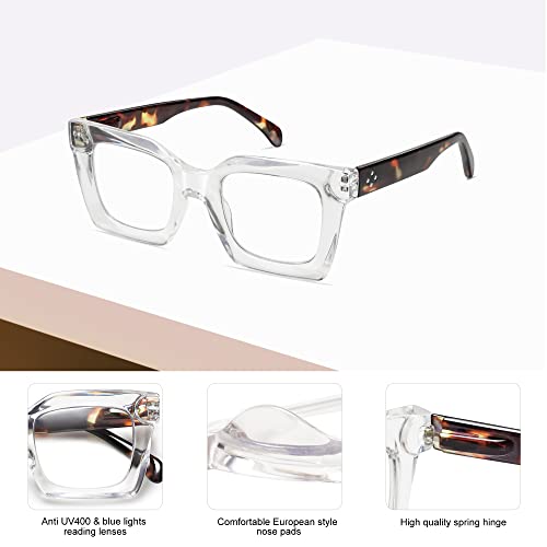 AMOMOMA 3PACK Retro Spring hinge Womens Readers,Blue Light Blocking Computer Thick Square Reading Glasses for Women Men AM6015 Black/Grey Tort/Crystal 1.50 x