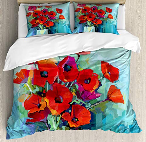 Ambesonne Impressionist Duvet Cover Set, Floral Painting Colorful Bouquet of Poppy Flowers in Vase, Decorative 3 Piece Bedding Set with 2 Pillow Shams, King Size, Red Teal